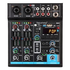 depusheng m4 portable mini mixer 4-channel audio mixer dj console with sound card, bluetooth function, usb, 48v phantom power for pc recording webcast party