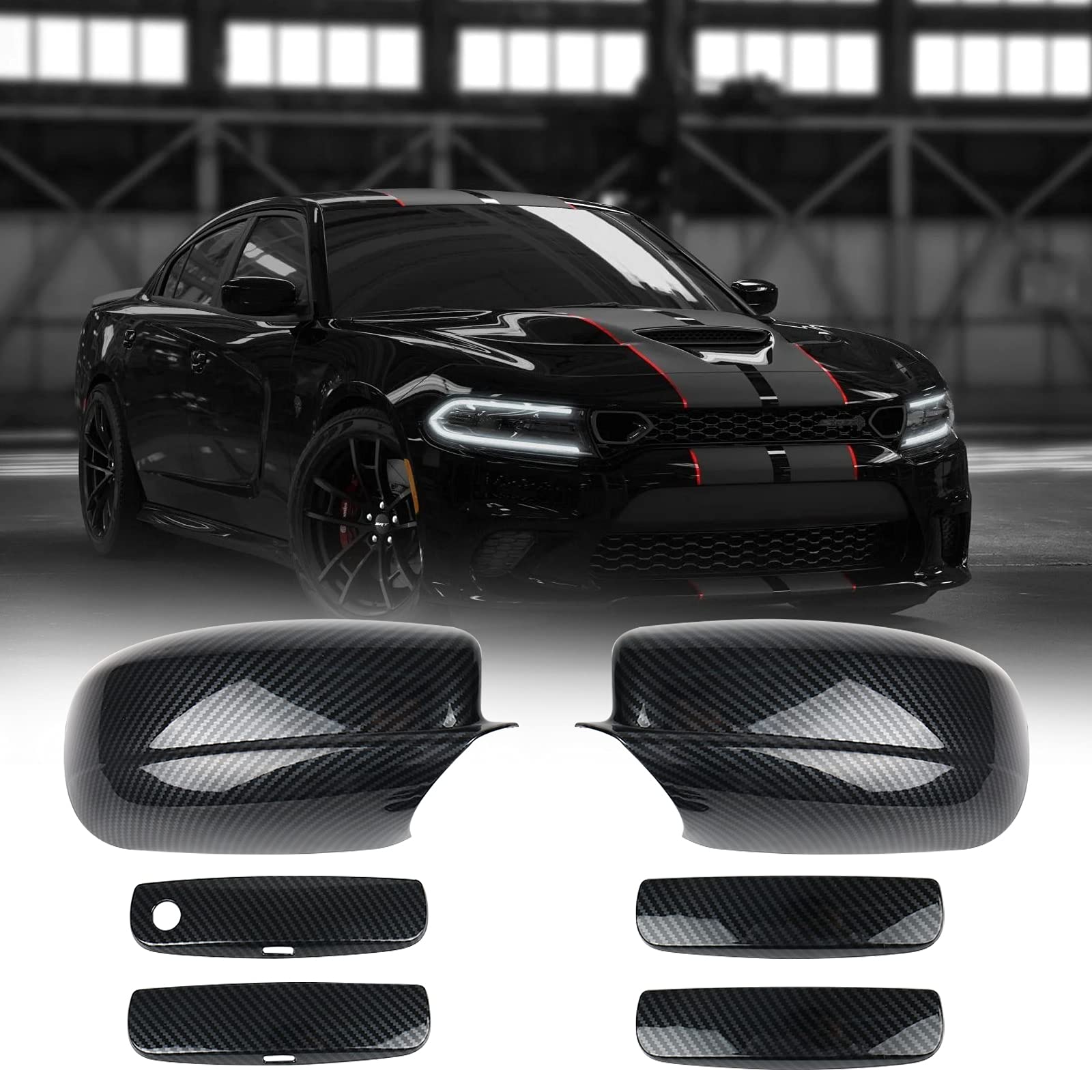 sportuli Carbon Fiber Side Mirror Caps + Door Handle Covers Replace for 2011-2021 2022 2023 2024 Dodge Charger