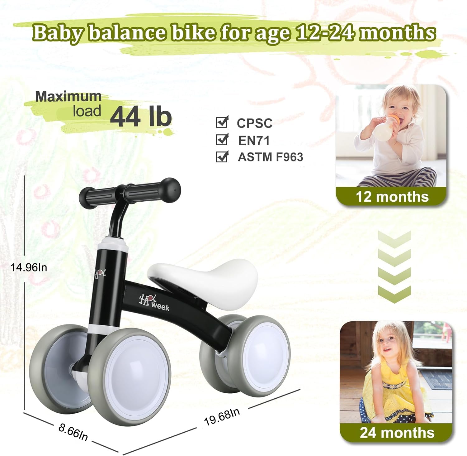 HAWEEK Baby Balance Bike Cute Toys for 1 Year Old Boy and Girl 12-24 Months Toddler Bike Baby Walker Riding Gifts for Boys Girls No Pedal Infant 4 Wheels Baby's First Birthday Gift (Black)