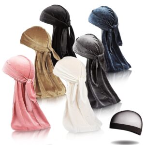 leaduway 6pcs velvet durag with 1 wave cap for 360 waves doo rag(mist pink, grey, oriental blue, bronze, white, black)