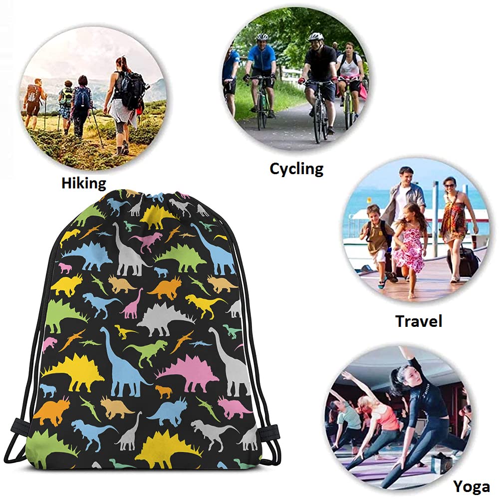 Beabes Dinosaurs Drawstring Bags Backpack Bag Cool Wild Cartoon Cute Prehistoric Colorful Animal Silhouette Sport Gym Sack Drawstring Bag String Bag Yoga Bag for Men Women