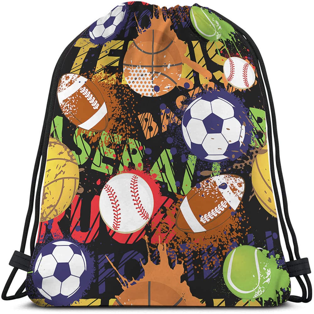 Beabes Balls Drawstring Bags Backpack Bag Baseball Basketball Volleyball American Popular Sports Game Fashion Art Sport Gym Sack Drawstring Bag String Bag Yoga Bag for Men Women