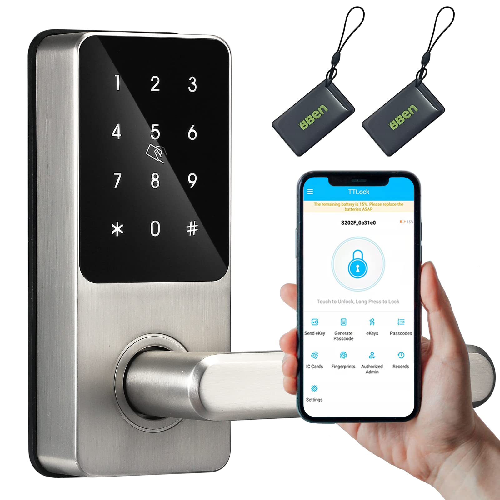 BBEN Smart Keyless Entry Door Lock with Reversible Handle, Touchscreen Keypad, Electronic Digital Bluetooth Front Door Lock, Biometric Door Lock, Auto Lock,for Home Apartment Airbnb Office