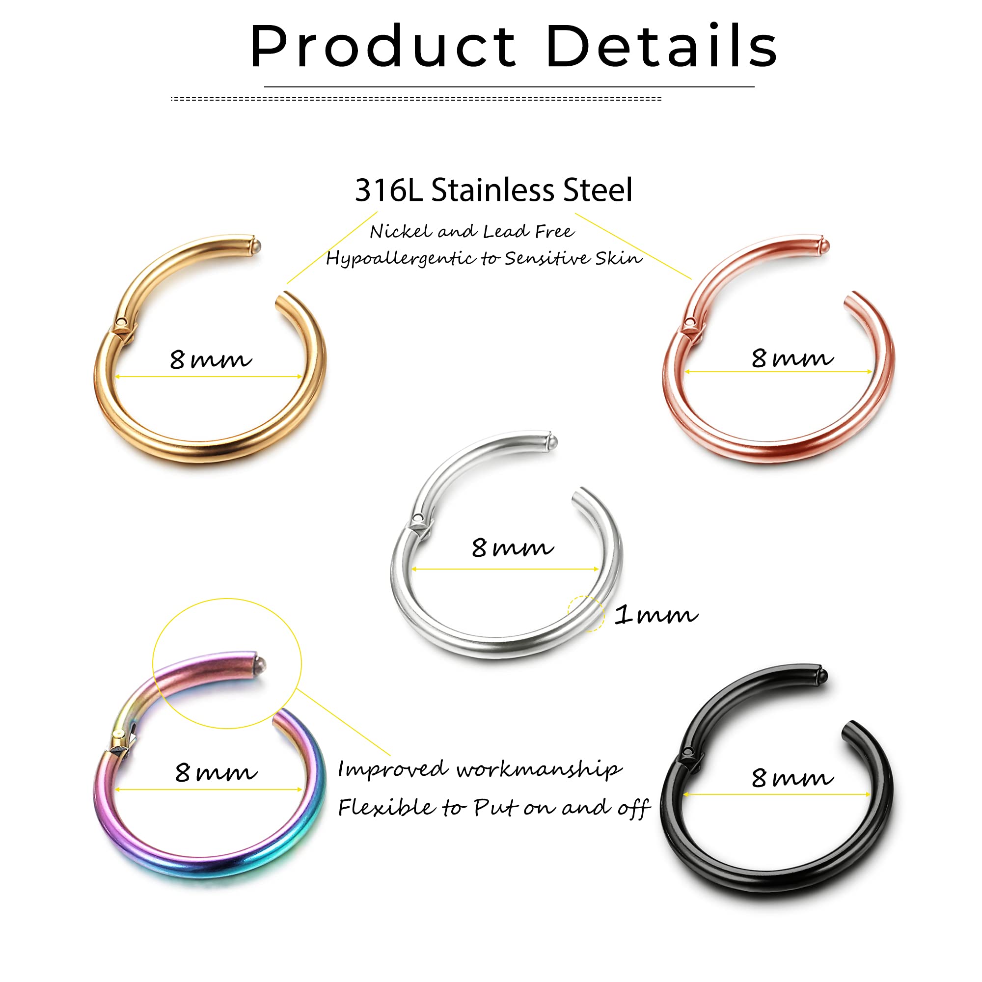 Drperfect 12 Pcs Septum Rings 316L Stainless Steel Cartilage Hoop Earrings Hinged Segment Clicker Septum Nose Rings Hoop Helix Daith Tragus Earrings Body Piercing for Women Men 16G 18G