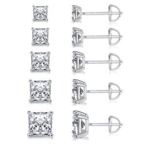 18k gold plated princess cut cubic zirconia screw back stud earring pack of 5 pairs (5 pairs) (a-white gold)