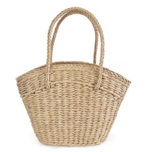 qtkj straw bags, hand-woven women summer retro straw tote bag pure colour straw beach shoulder bag (khaki)