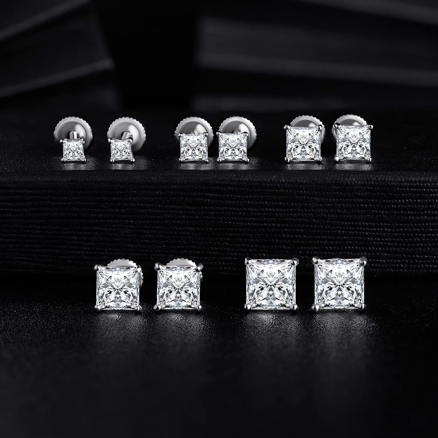 18K Gold Plated Princess Cut Cubic Zirconia Screw Back Stud Earring Pack of 5 Pairs (5 Pairs) (A-White gold)