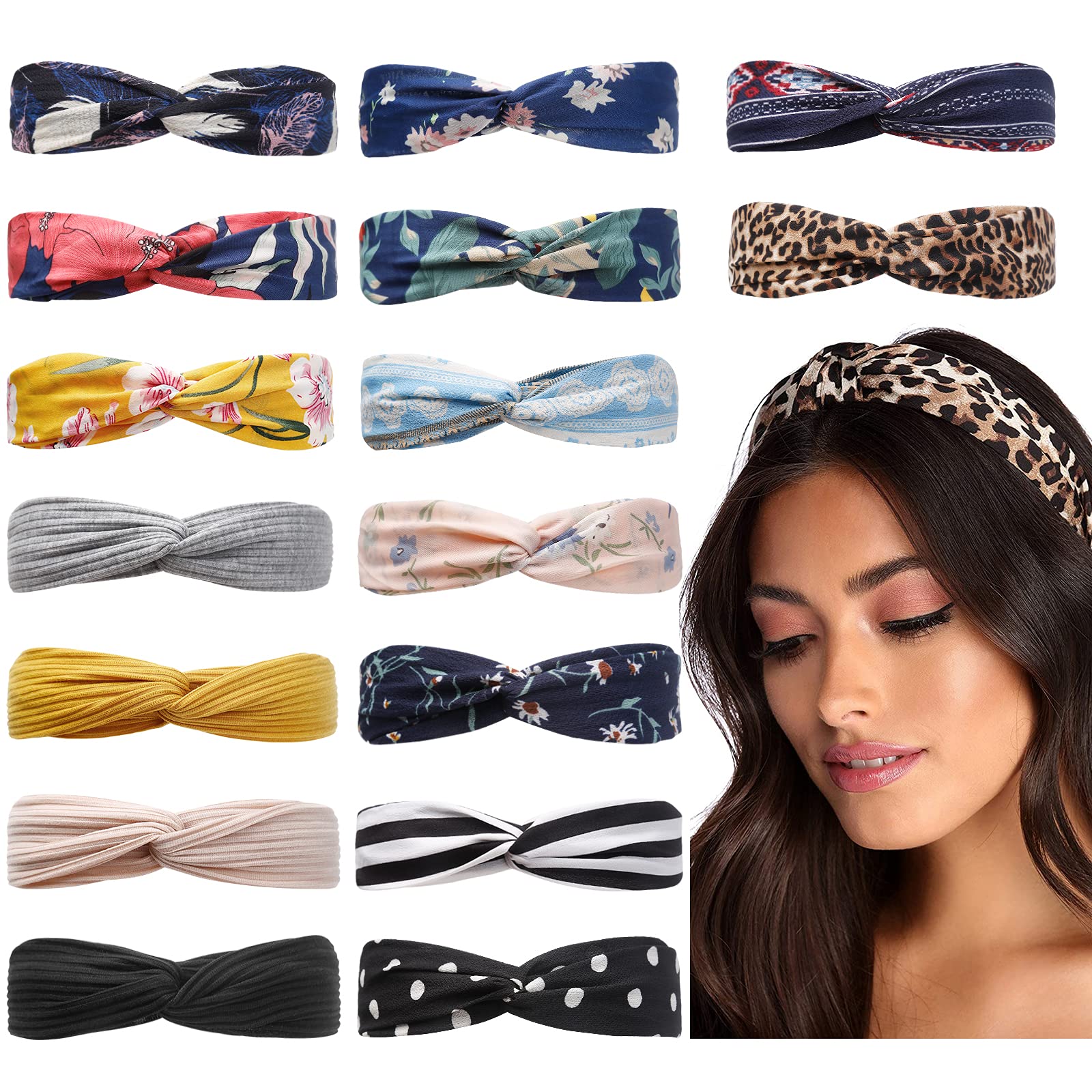 Huachi Boho Headbands for Women Twist Knot Head Bands Headwraps for Wigs African Cute Hair Bands Stretchy Fashion Summer Hair Accessories, 16 Pack