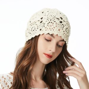 ZLYC Women Cotton Crochet Slouchy Beanie Hat Handmade Knit Cutout Summer Floral Skull Cap (Solid Beige)