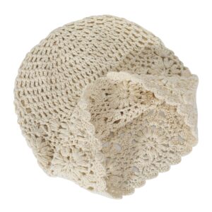 ZLYC Women Cotton Crochet Slouchy Beanie Hat Handmade Knit Cutout Summer Floral Skull Cap (Solid Beige)