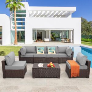 rattaner 7 pieces outdoor wicker furniture conversation set patio furniture sectional sofa couch storage table with thicken(5") non-slip cushions waterproof cover, light grey