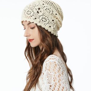 ZLYC Women Cotton Crochet Slouchy Beanie Hat Handmade Knit Cutout Summer Floral Skull Cap (Solid Beige)