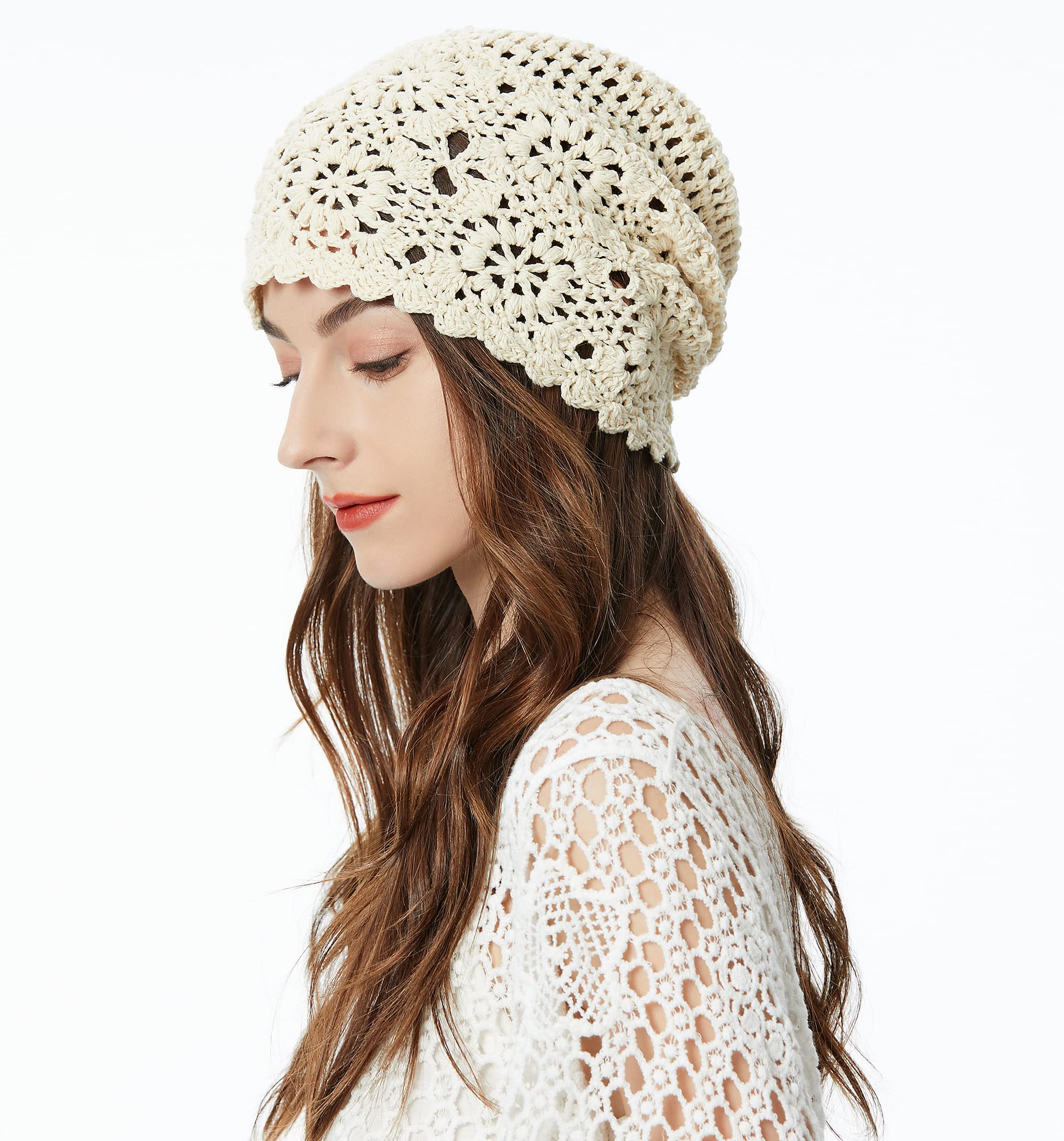 ZLYC Women Cotton Crochet Slouchy Beanie Hat Handmade Knit Cutout Summer Floral Skull Cap (Solid Beige)