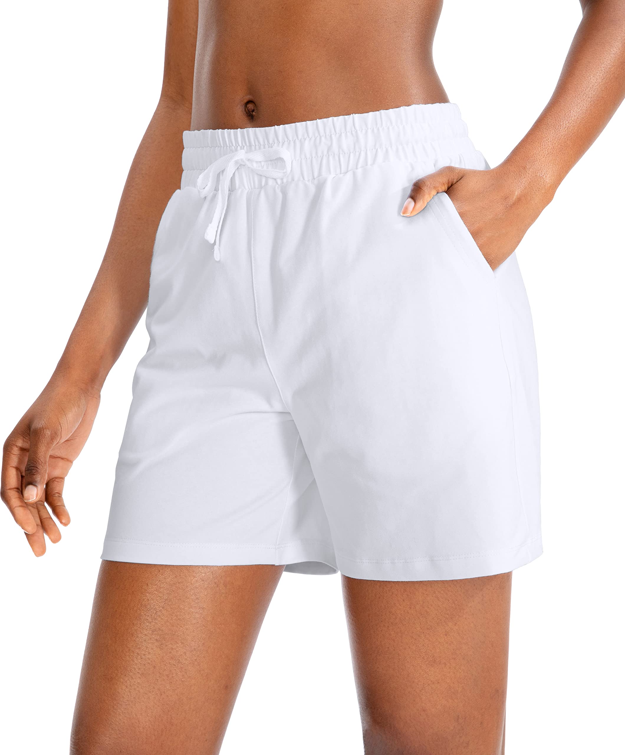 SANTINY Women's Cotton Shorts 5'' Lounge Yoga Shorts Jersey Sweat Bermuda Shorts for Women Walking Athletic with Pockets (White_XL)