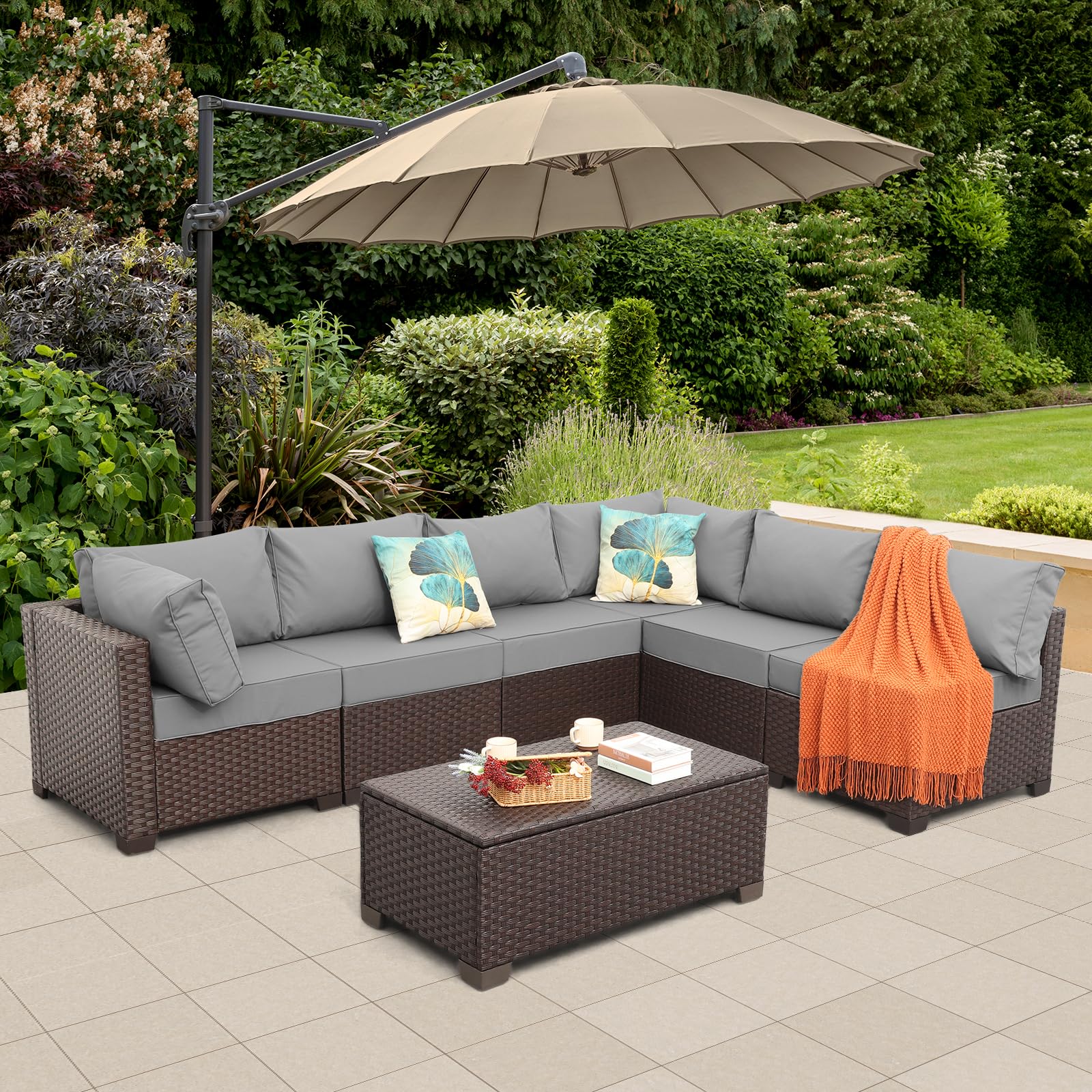 Rattaner 7 Pieces Outdoor Wicker Furniture Conversation Set Patio Furniture Sectional Sofa Couch Storage Table with Thicken(5") Non-Slip Cushions Waterproof Cover, Light Grey