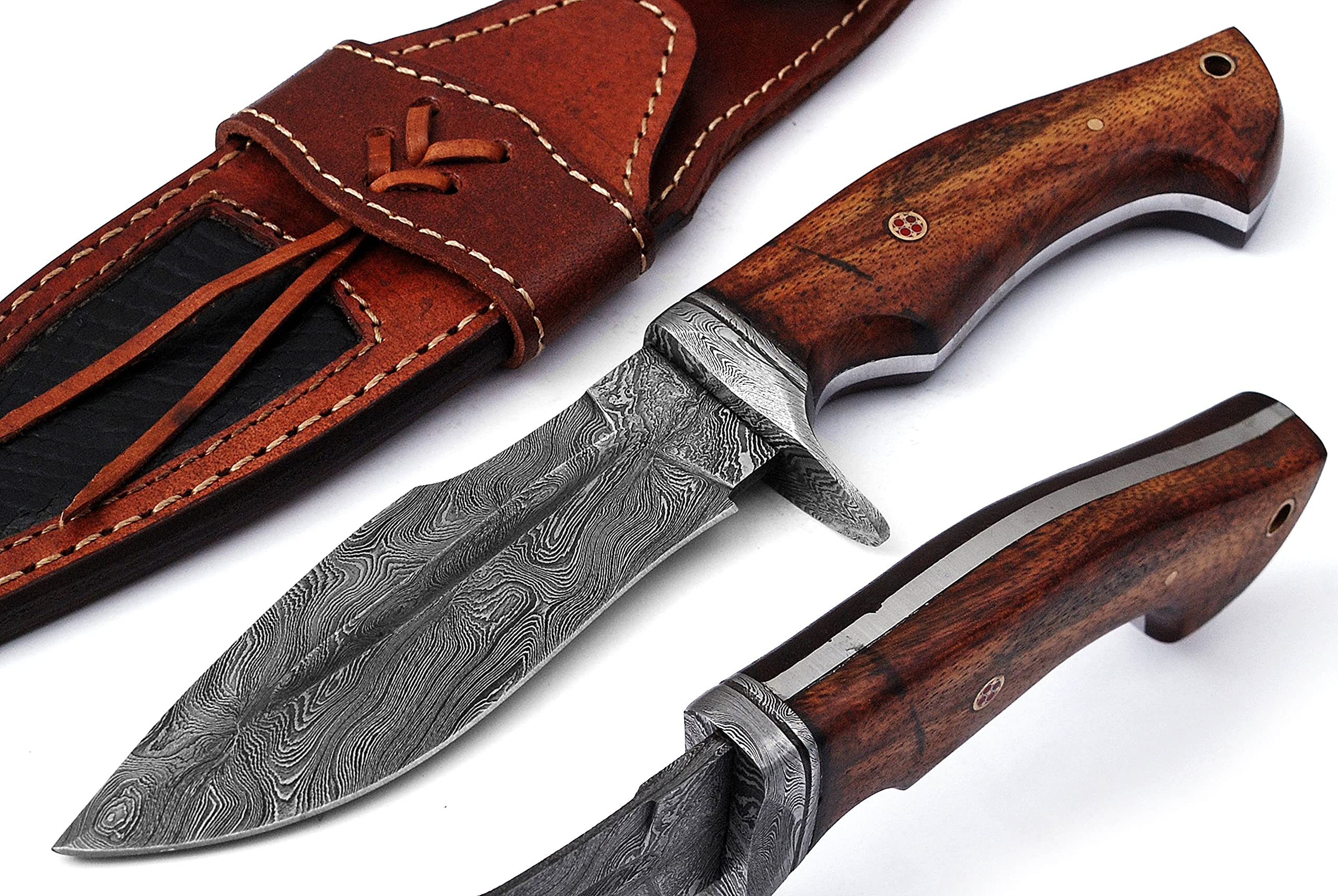 Ace Knife Full Tang Handmade Damascus Hunting Knife - Rose Wood Handle - Fixed Blade Knife with Leather Sheath-Camping Knife Ideal Gift for Men