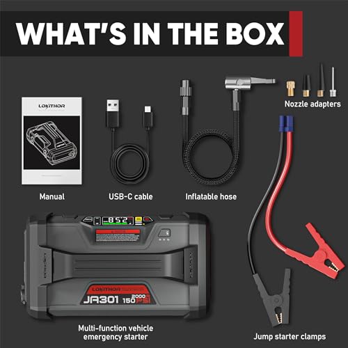 LOKITHOR JA301 Jump Starter with Air Compressor, 2000Amp 12V Portable Car Battery Booster Pack for Upto 8.0L Gas or 6.0L Diesel, 150 PSI Tire Inflator with Digital Screen, 30 Months Ultra-Long Standby