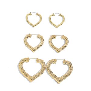 3 pairs gold tone large bamboo style hoop earrings for women round circle statement hip-hop earrings-heart