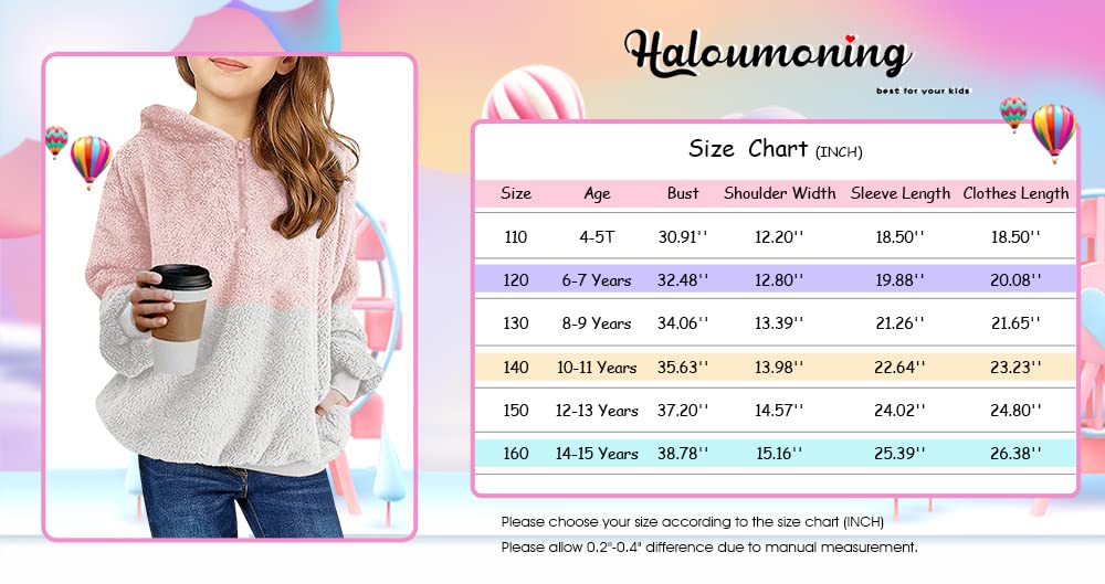 Haloumoning Girls Fuzzy Fleece Pullover Hoodies Sweatshirt Casual Loose Outwear Coat with Pockets 10-11 Years