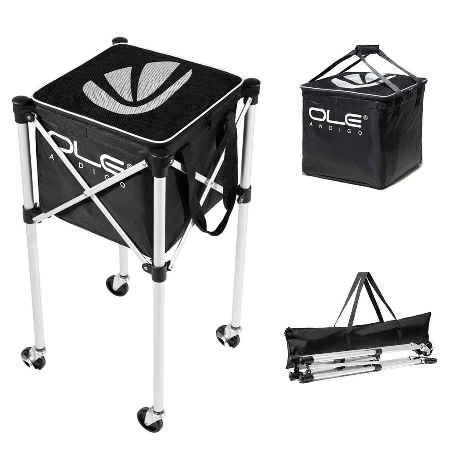 OLE ANDIGO Tennis Balls Hopper Tennis Ball Basket with Side Pockets Lightweight Tennis Ball Cart Holds 160 Balls, Portable Sports Teaching Cart with Wheels for Tennis Player (Tennis Ball Cart)