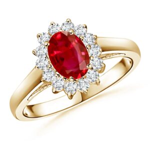 angara princess diana inspired natural ruby ring for women with diamond halo in 14k yellow gold for wedding, anniversary, engagement (stone size-5x3mm, stone wt-0.25, ring size-9) - july birthstone