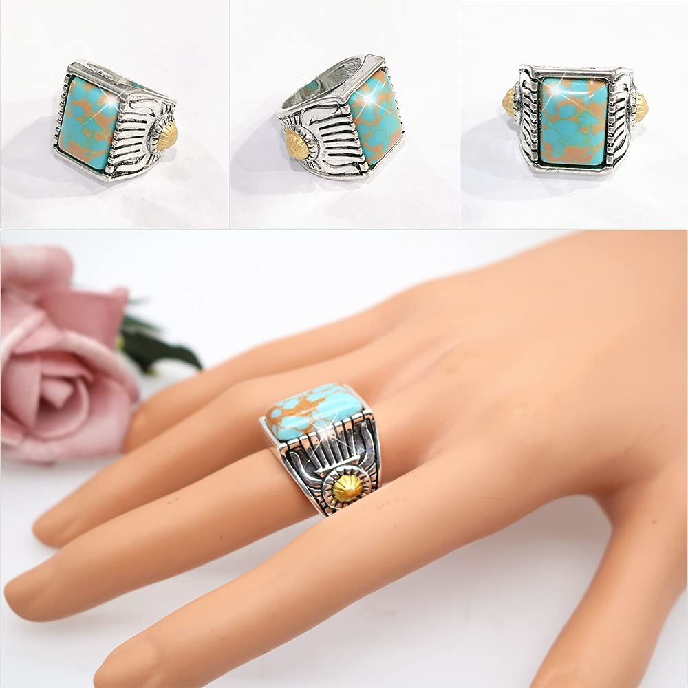 Retro Simulated Turquoise Statement Ring Uniquely Stylish Gothic Hip Hop Punk Promise Gemstone Cocktail Ring Party Jewelry Gifts for Men Women (9)