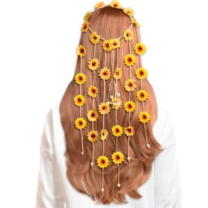 Sucrain 2pcs Flower Hippie Headband Floral Crown Summer Sunflower Hair Accessories for 70 s Bohemian Costumes Style