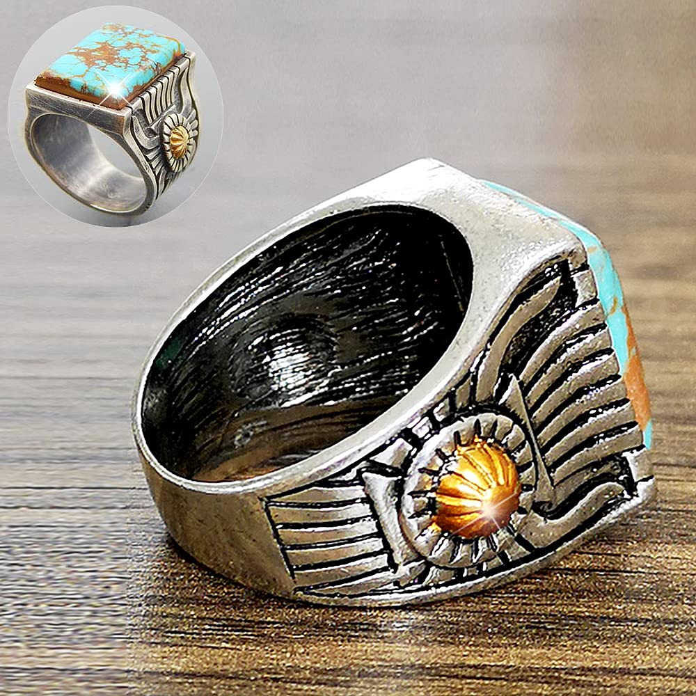 Retro Simulated Turquoise Statement Ring Uniquely Stylish Gothic Hip Hop Punk Promise Gemstone Cocktail Ring Party Jewelry Gifts for Men Women (9)