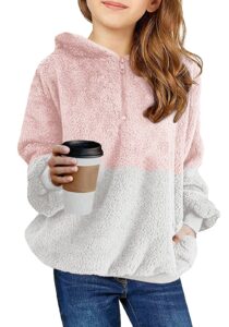 haloumoning girls fuzzy fleece pullover hoodies sweatshirt casual loose outwear coat with pockets 10-11 years