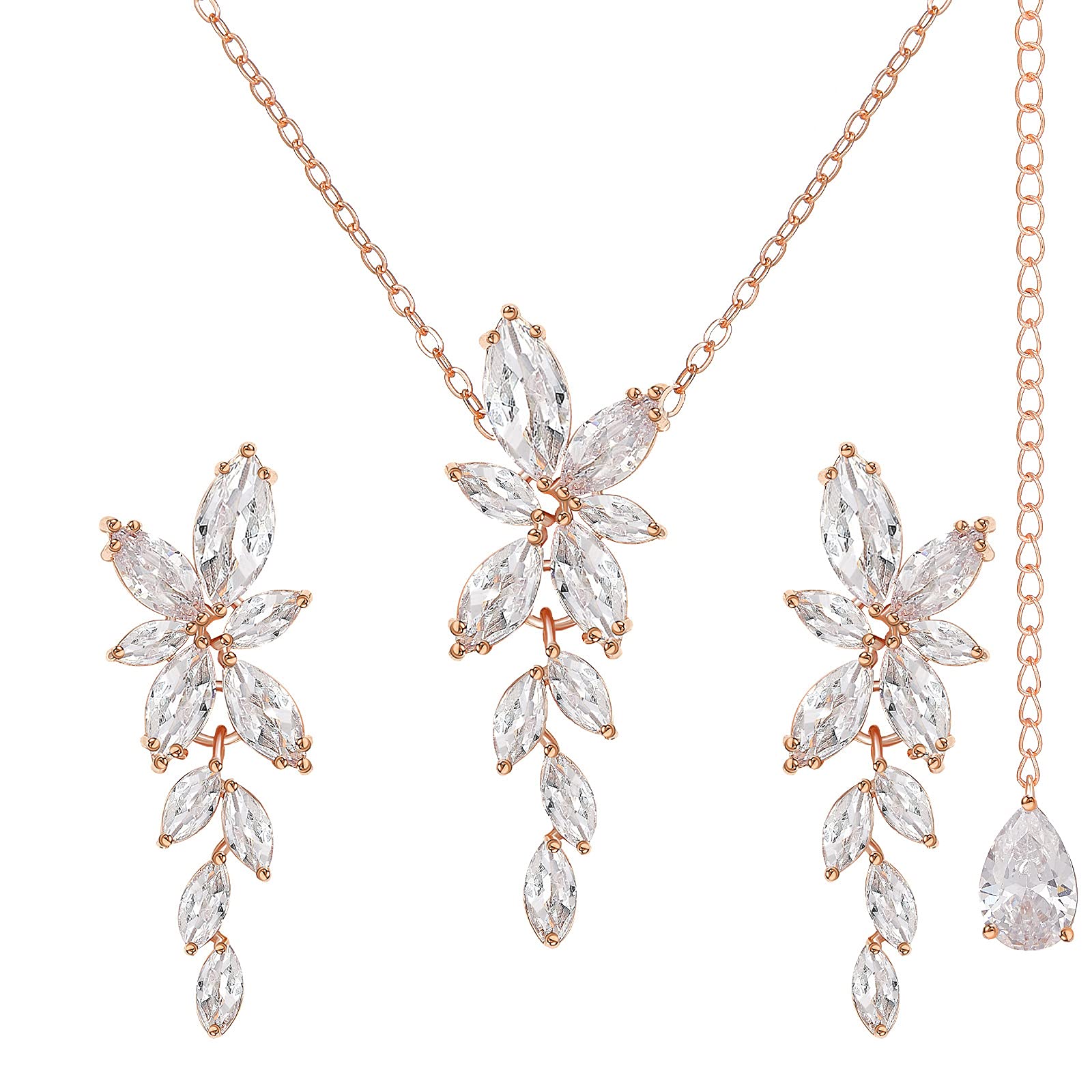 SWEETV Marquise Wedding Jewelry Set for Bride Bridesmaids, Rose Gold Bridal Jewelry Set for Wedding, Cubic Zirconia Crystal Necklace Earrings Set for Women