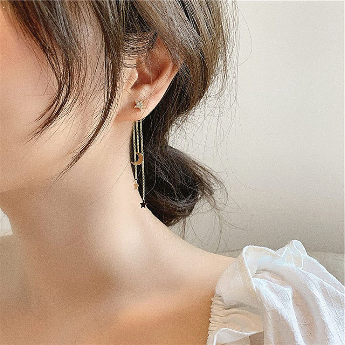 Asymmetrical Star Moon Tassel Drop Dangle Earrings for Women Dainty Long Lucky Star Crescent Planet Chain Tassel Earrings (Gold:A)