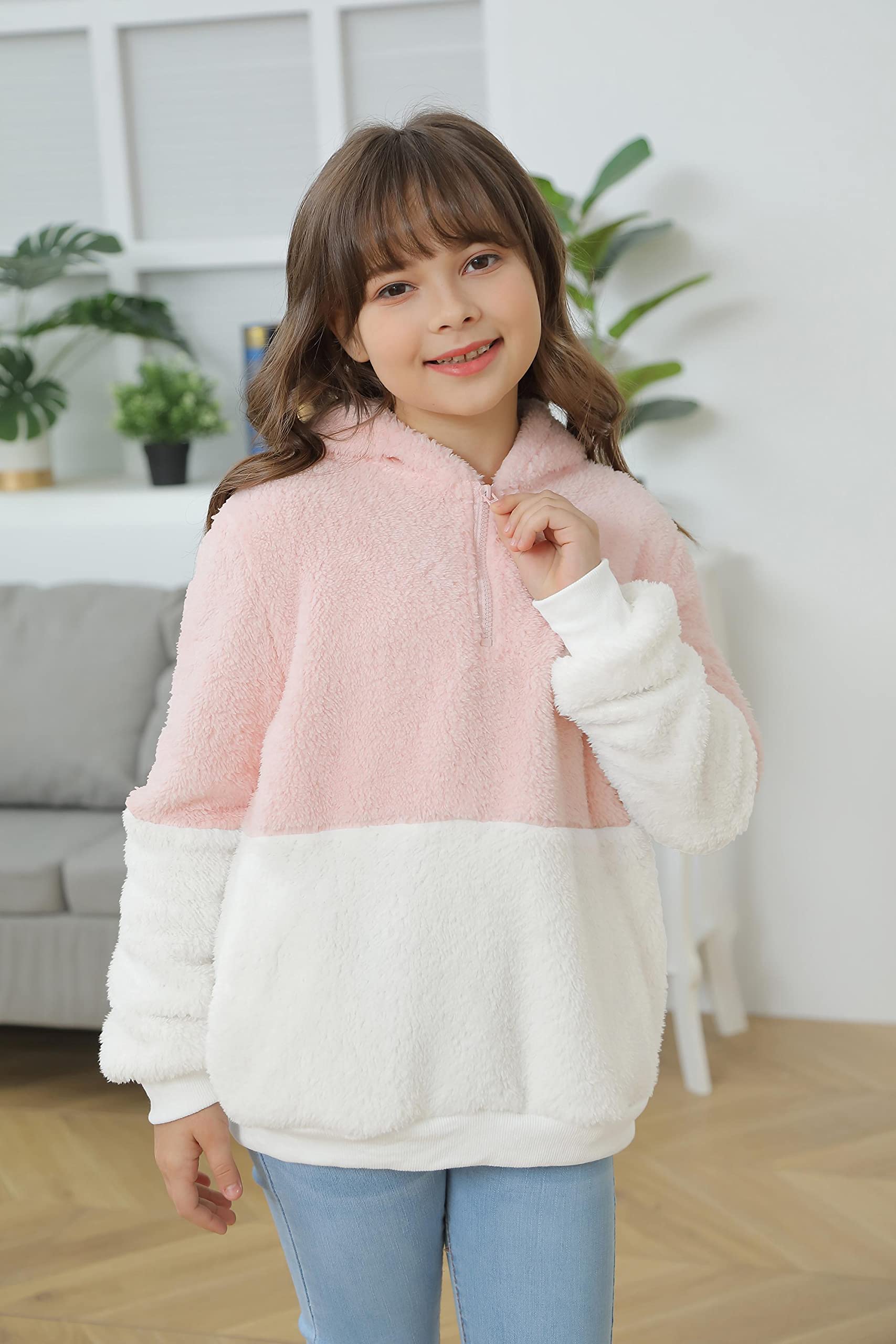 Haloumoning Girls Fuzzy Fleece Pullover Hoodies Sweatshirt Casual Loose Outwear Coat with Pockets 10-11 Years