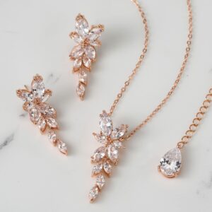 SWEETV Marquise Wedding Jewelry Set for Bride Bridesmaids, Rose Gold Bridal Jewelry Set for Wedding, Cubic Zirconia Crystal Necklace Earrings Set for Women