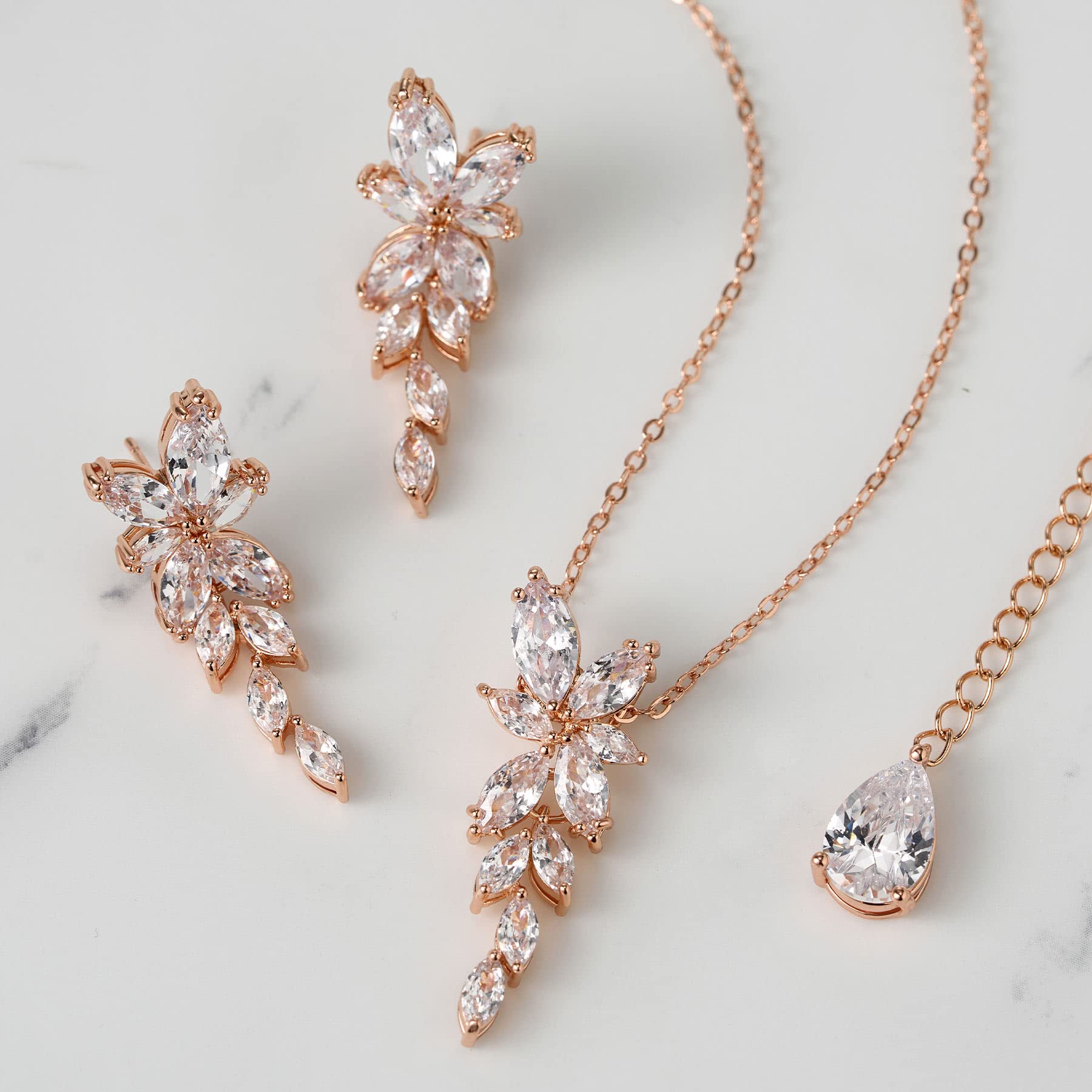 SWEETV Marquise Wedding Jewelry Set for Bride Bridesmaids, Rose Gold Bridal Jewelry Set for Wedding, Cubic Zirconia Crystal Necklace Earrings Set for Women