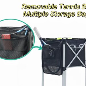 OLE ANDIGO Tennis Balls Hopper Tennis Ball Basket with Side Pockets Lightweight Tennis Ball Cart Holds 160 Balls, Portable Sports Teaching Cart with Wheels for Tennis Player (Tennis Ball Cart)