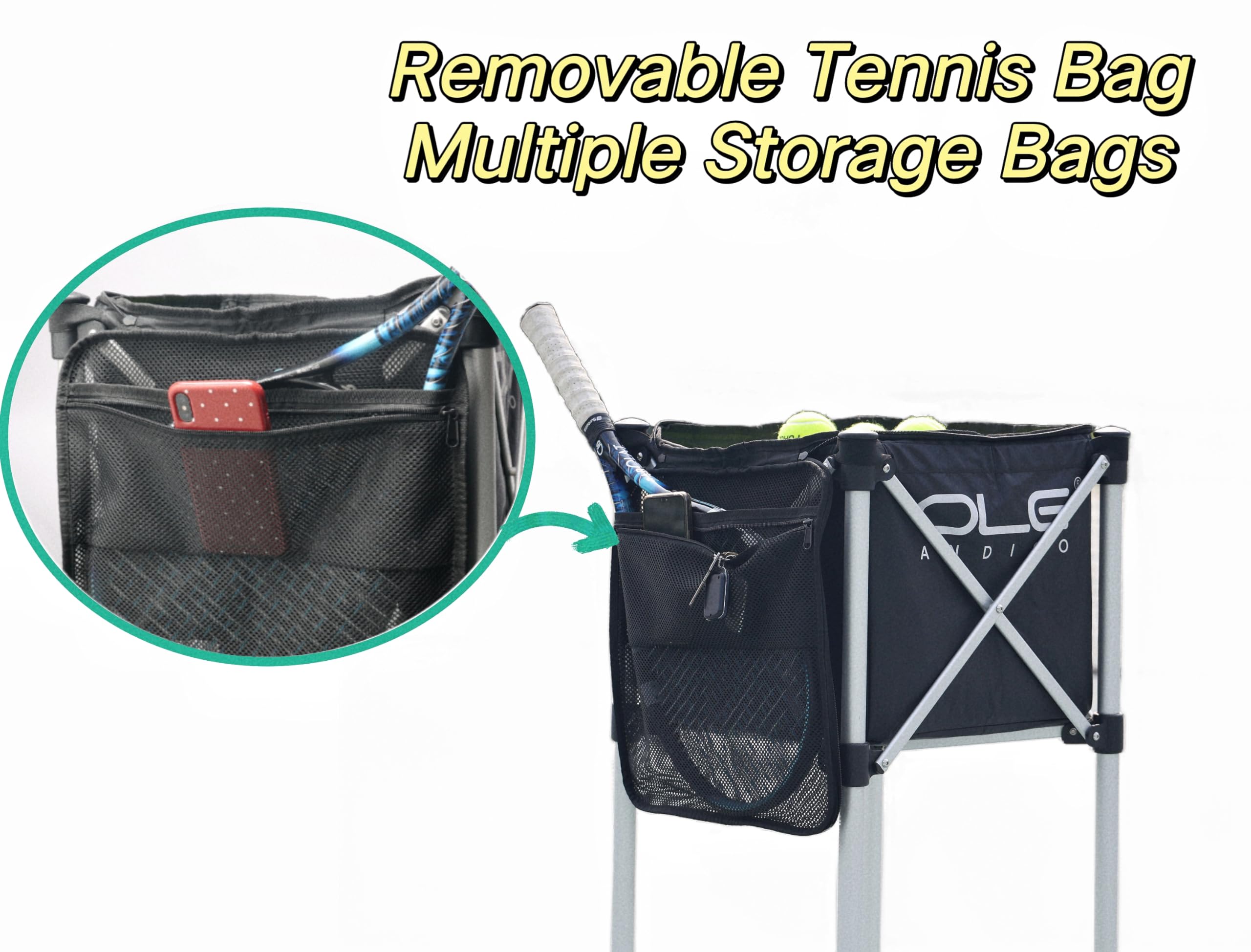 OLE ANDIGO Tennis Balls Hopper Tennis Ball Basket with Side Pockets Lightweight Tennis Ball Cart Holds 160 Balls, Portable Sports Teaching Cart with Wheels for Tennis Player (Tennis Ball Cart)