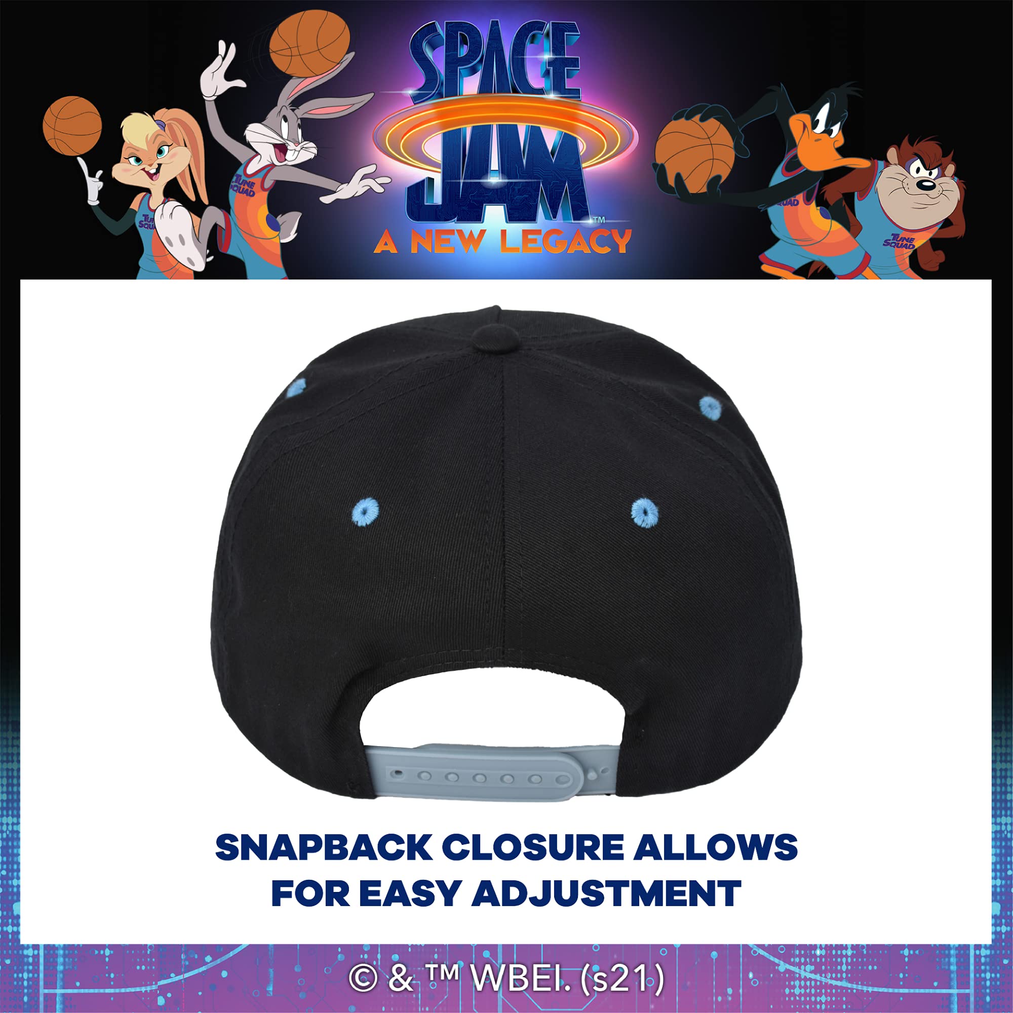 Warner Bros Space Jam 2 A New Legacy Adjustable Snapback Hat with Flat Brim, Black, One Size