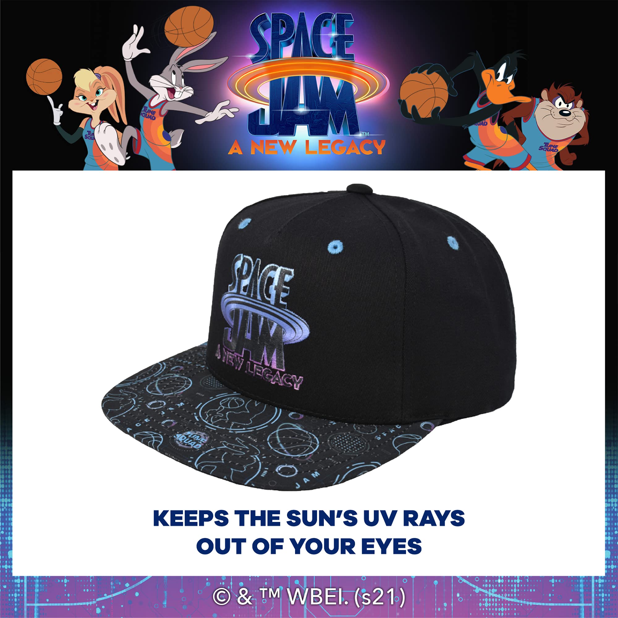 Warner Bros Space Jam 2 A New Legacy Adjustable Snapback Hat with Flat Brim, Black, One Size