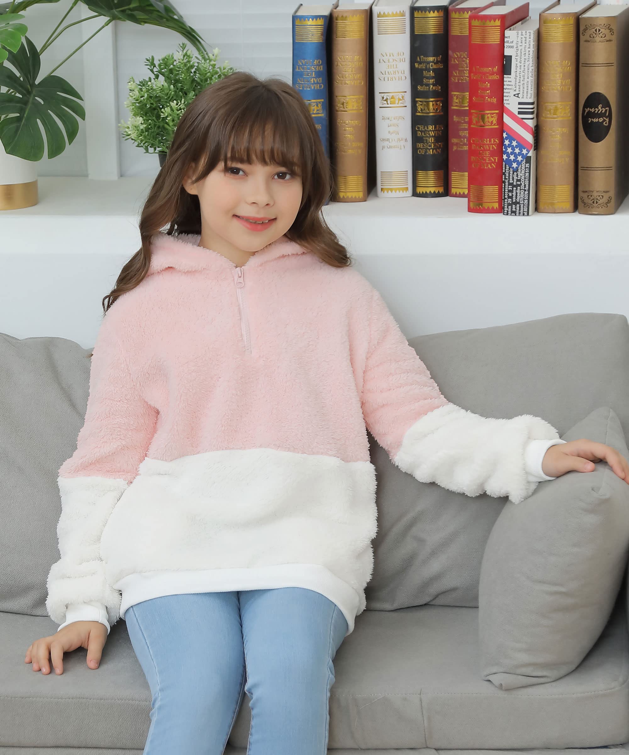 Haloumoning Girls Fuzzy Fleece Pullover Hoodies Sweatshirt Casual Loose Outwear Coat with Pockets 10-11 Years