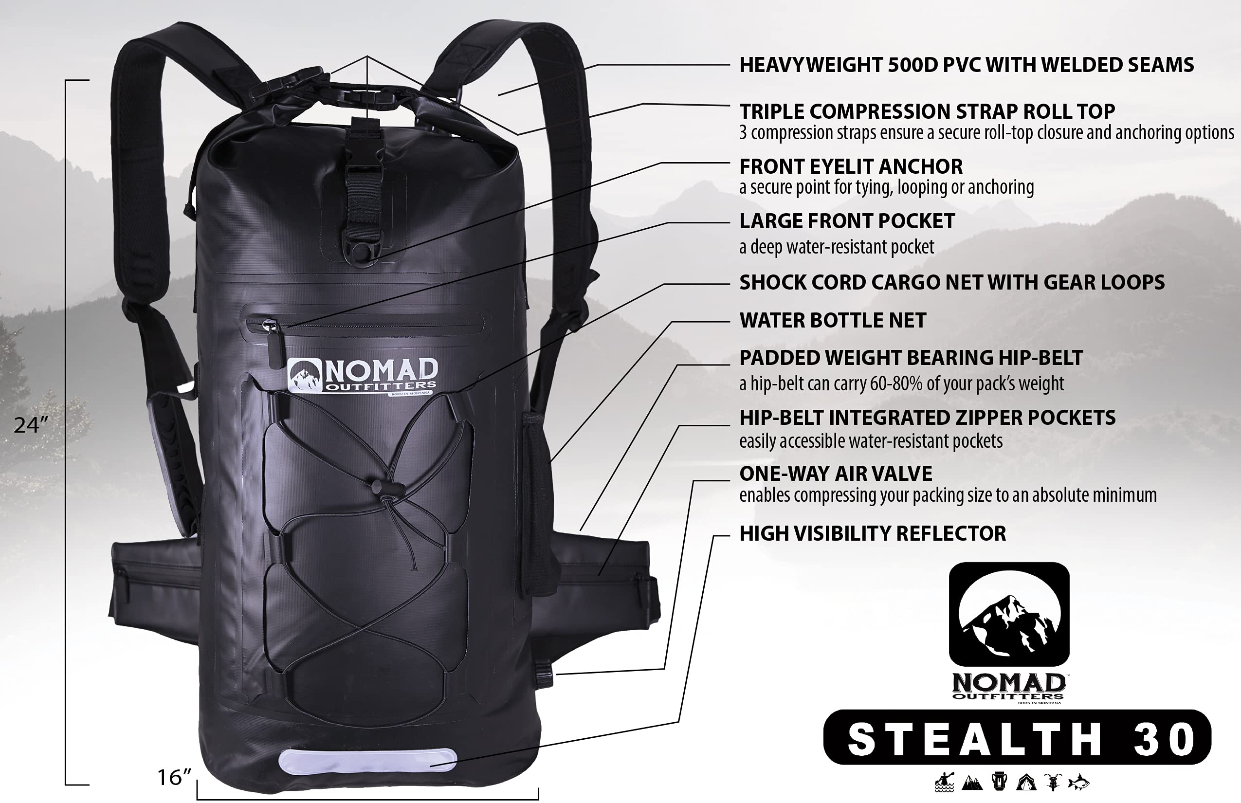 Grehge Nomad Outfitters | STEALTH 30L - Heavy Duty Waterproof Roll-Top Dry Ba