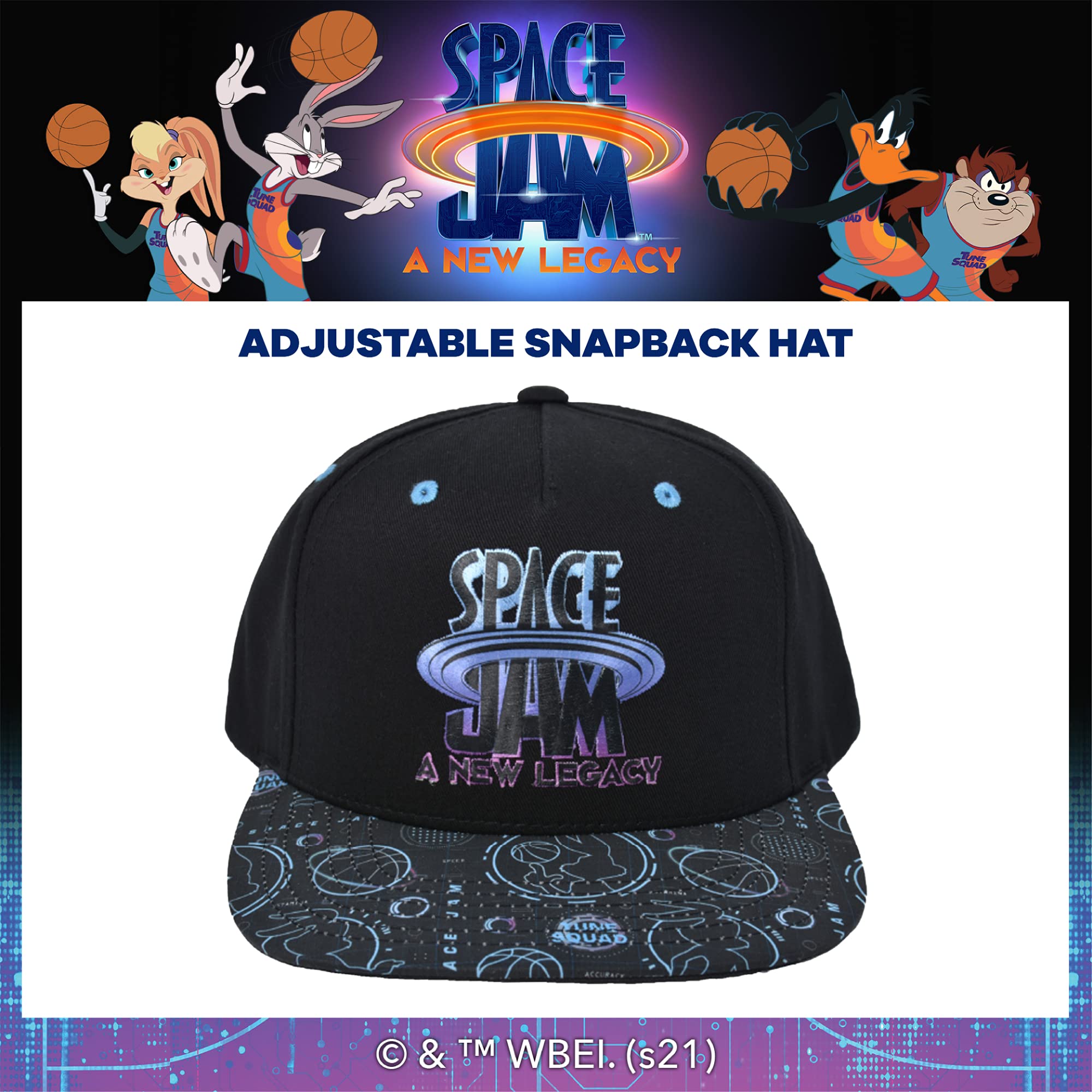 Warner Bros Space Jam 2 A New Legacy Adjustable Snapback Hat with Flat Brim, Black, One Size