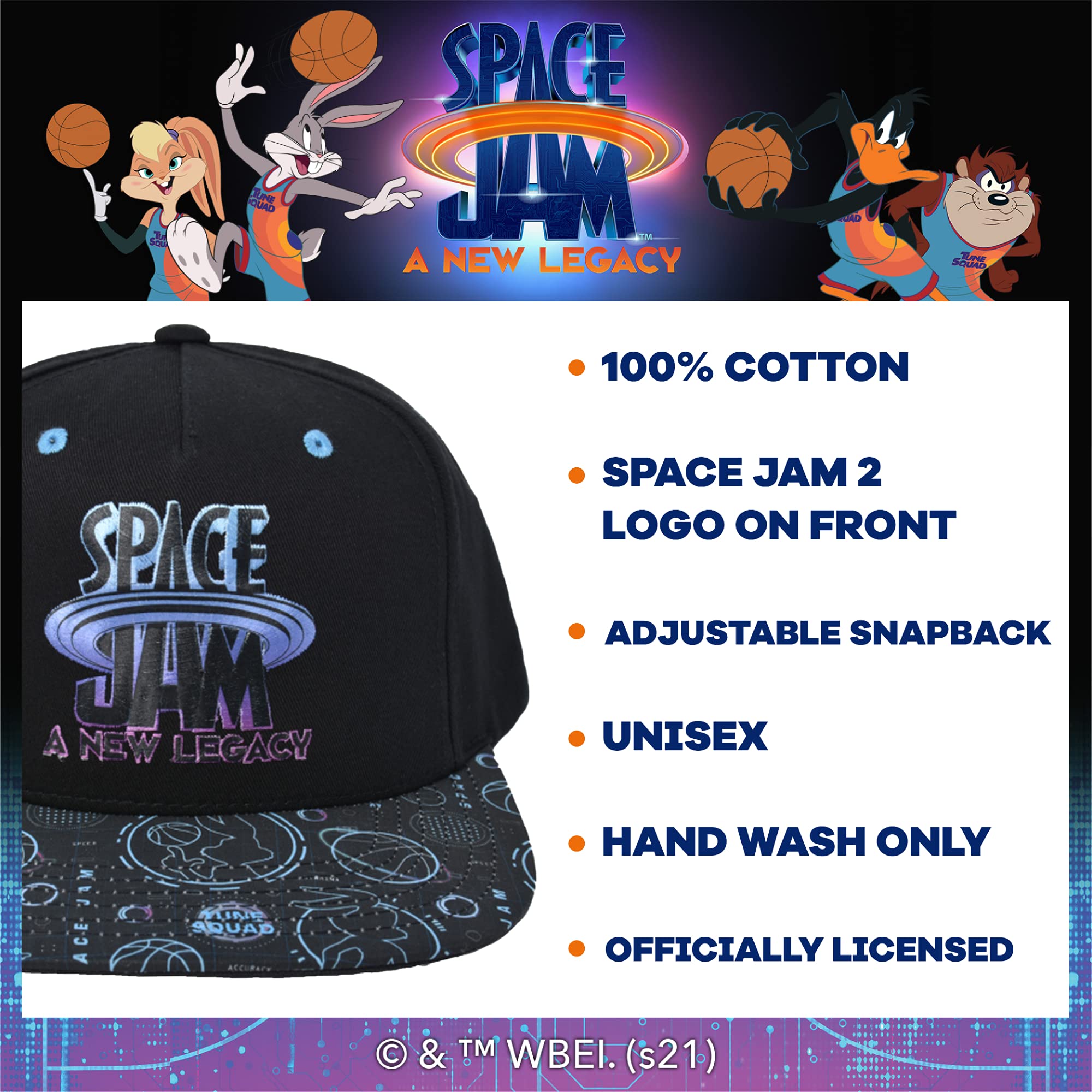 Warner Bros Space Jam 2 A New Legacy Adjustable Snapback Hat with Flat Brim, Black, One Size