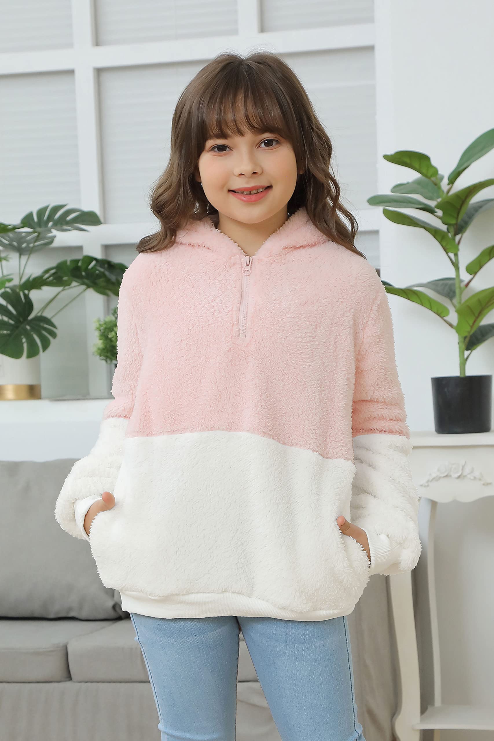 Haloumoning Girls Fuzzy Fleece Pullover Hoodies Sweatshirt Casual Loose Outwear Coat with Pockets 10-11 Years