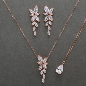 SWEETV Marquise Wedding Jewelry Set for Bride Bridesmaids, Rose Gold Bridal Jewelry Set for Wedding, Cubic Zirconia Crystal Necklace Earrings Set for Women