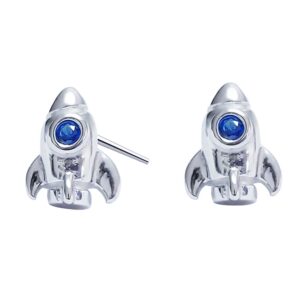 cute rocket stud earrings for women teen girls 925 sterling silver blue cubic zirconia tiny small spaceship earring cartilage tragus post pin studs hypoallergenic earring unique birthday gift for daughter niece