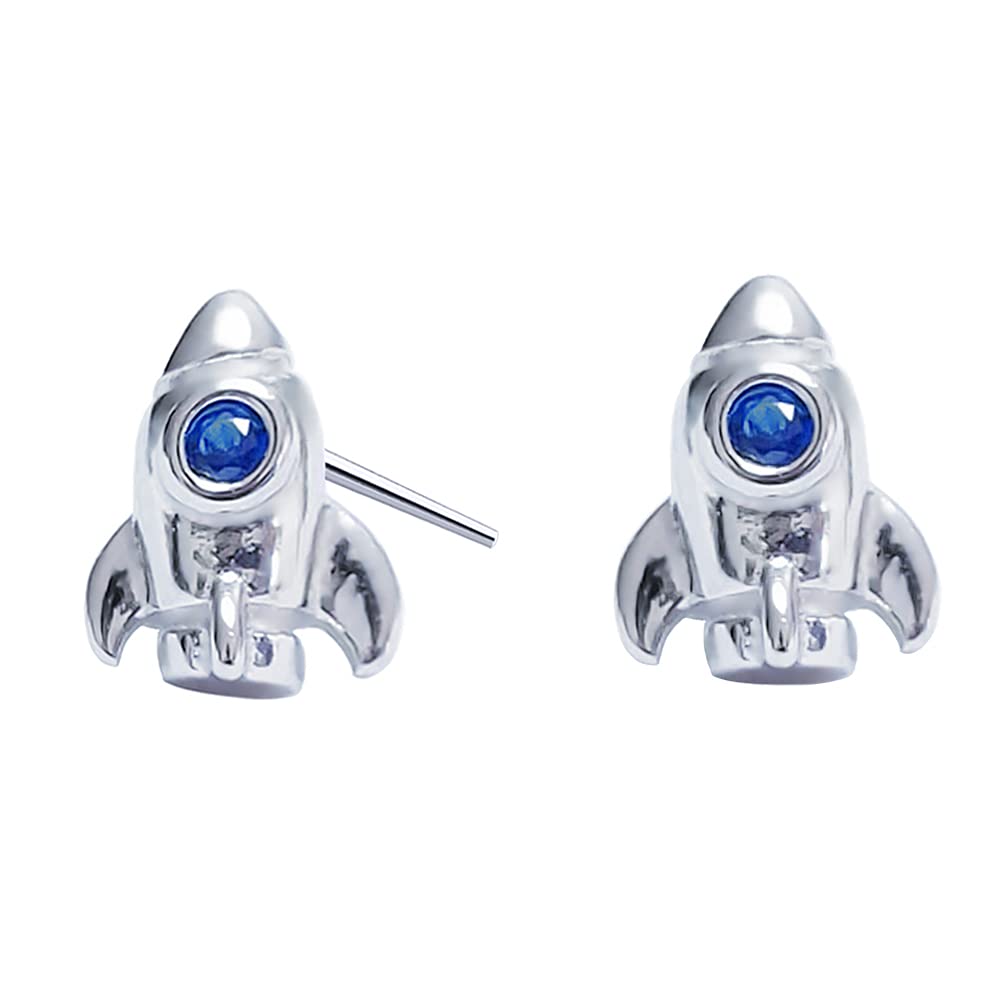 Cute Rocket Stud Earrings for Women Teen Girls 925 Sterling Silver Blue Cubic Zirconia Tiny Small Spaceship Earring Cartilage Tragus Post Pin Studs Hypoallergenic Earring Unique Birthday Gift for Daughter Niece