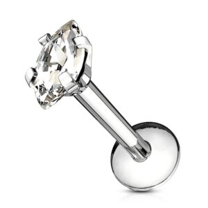 pierced owl 16ga stainless steel internally threaded cz crystal marquise labret monroe lip cartilage helix tragus conch ear lobe barbell stud (silver tone, 6mm barbell)