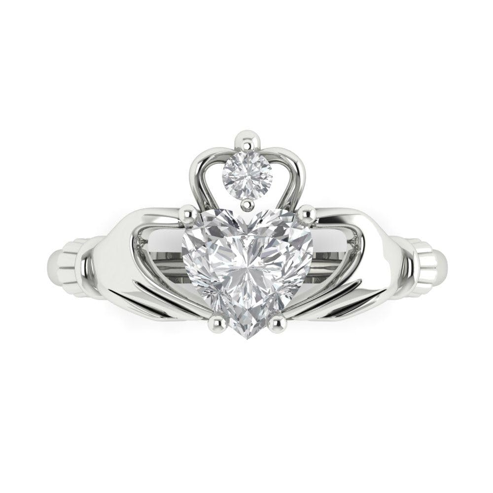 1.06 Ct Brilliant Heart Cut Clear Simulated Diamond 14K White Gold Solitaire Claddagh Engagement Promise Bridal Ring Size 4