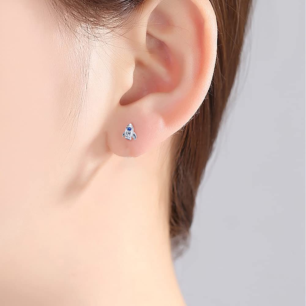 Cute Rocket Stud Earrings for Women Teen Girls 925 Sterling Silver Blue Cubic Zirconia Tiny Small Spaceship Earring Cartilage Tragus Post Pin Studs Hypoallergenic Earring Unique Birthday Gift for Daughter Niece