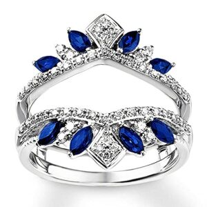 v touch round cut created blue sapphire & cz engagement enhancer wrap wedding band ring guard for womens 925 sterling silver 14k white gold plated